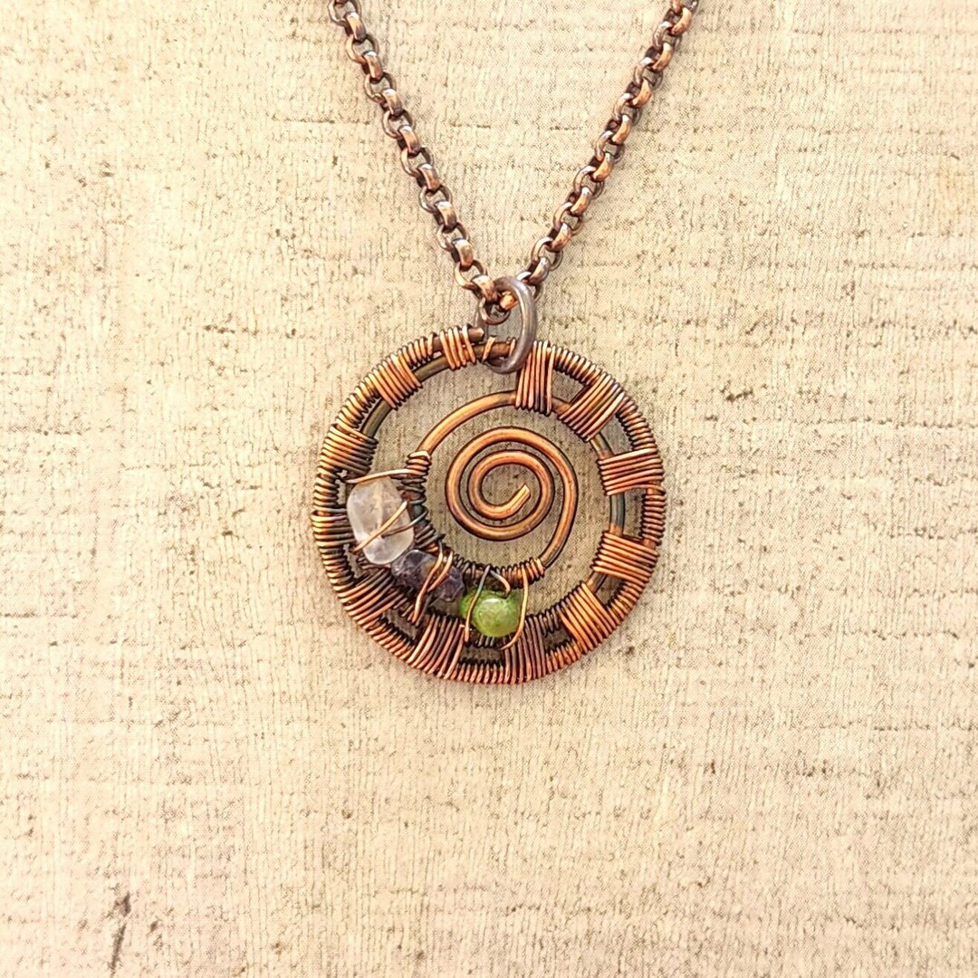 Copper Spiral Necklace, Circular Wire Wrapped Pendant, Peridot Iolite ...