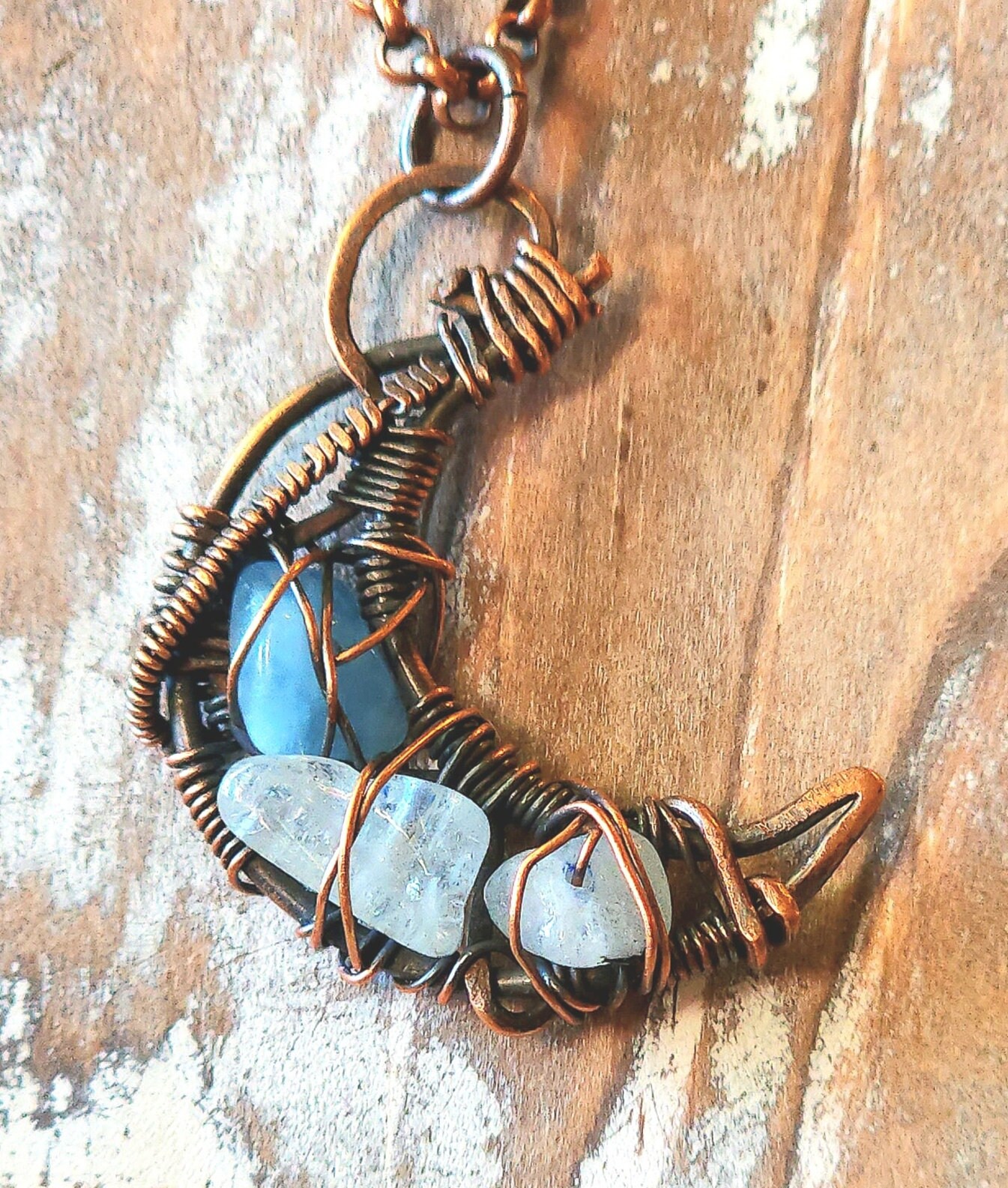 Copper Wire Wrapped Moon Pendant, Aquamarine Stone Necklace, Birthstone ...