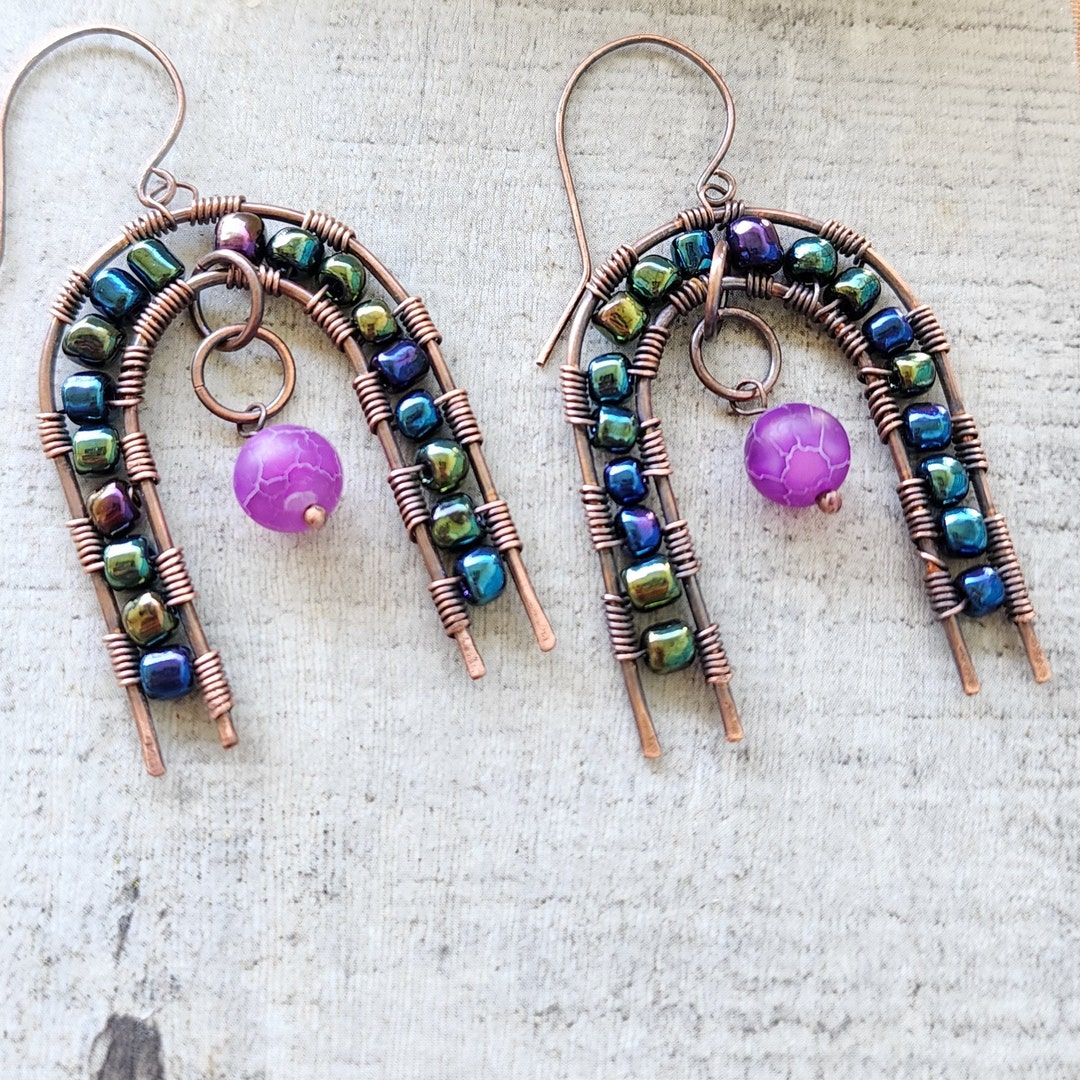 Arc Stone Bead Earrings Geometric Wire Wrap Colorful - Etsy