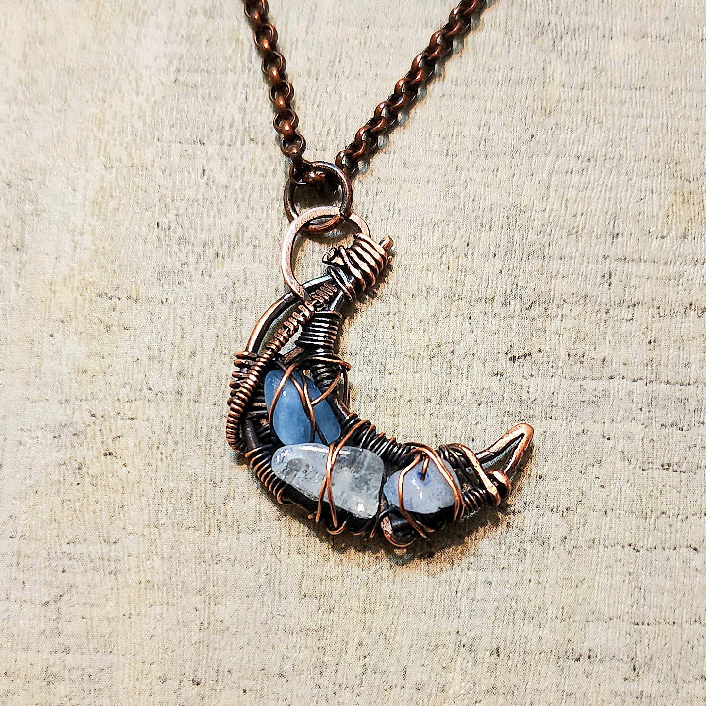 Copper Wire Wrapped Moon Pendant, Aquamarine Stone Necklace, Birthstone ...