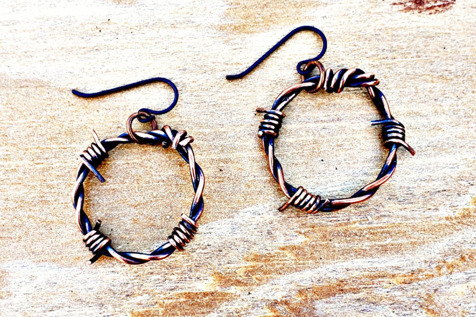 Copper Barbed Wire Wrapped Hoop Earrings, Handmade Unique Jewelry ...