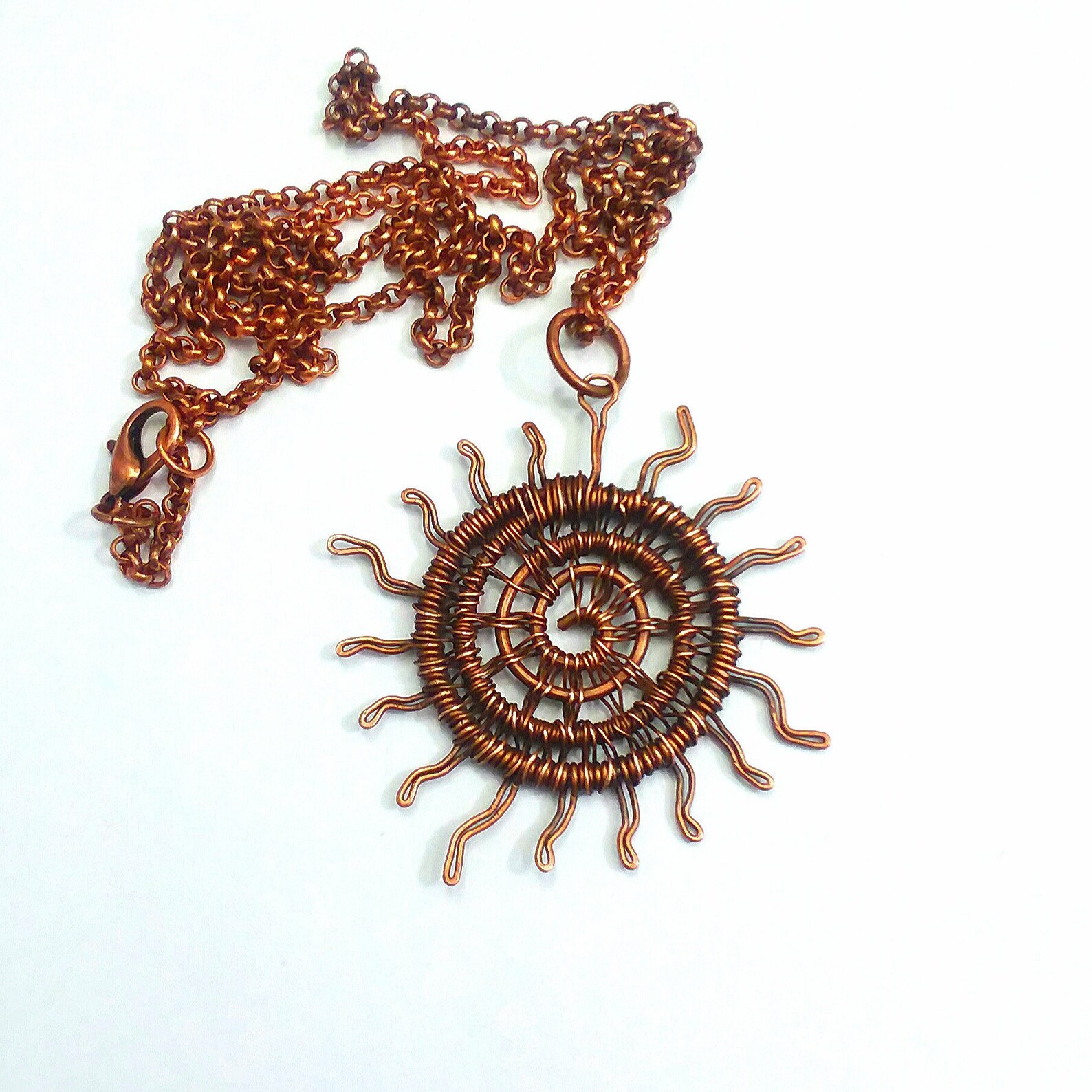 Copper Wire Wrapped Sun Necklace, Unisex Handmade Pendant, Ooak Metal ...
