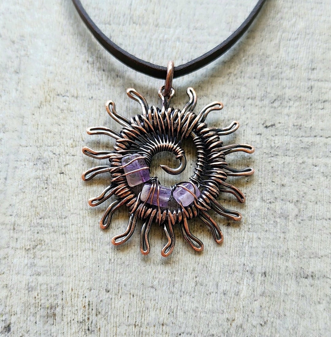 Amethyst Stone Pendant, Wire Wrap Sun Necklace, Copper Crystal Jewelry ...