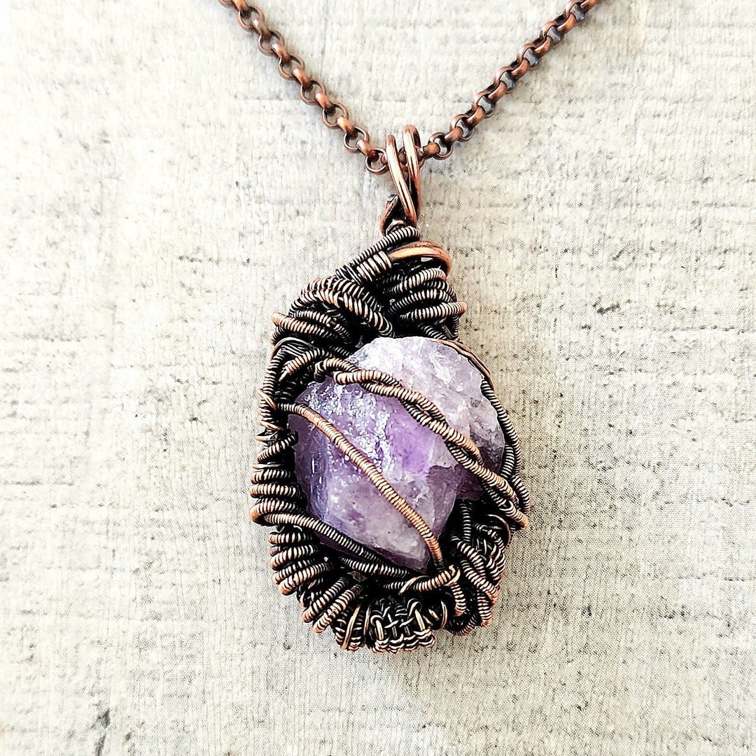 Amethyst Wire Wrap Pendant, Raw Rough Gemstone, Rock Necklace, Natural ...