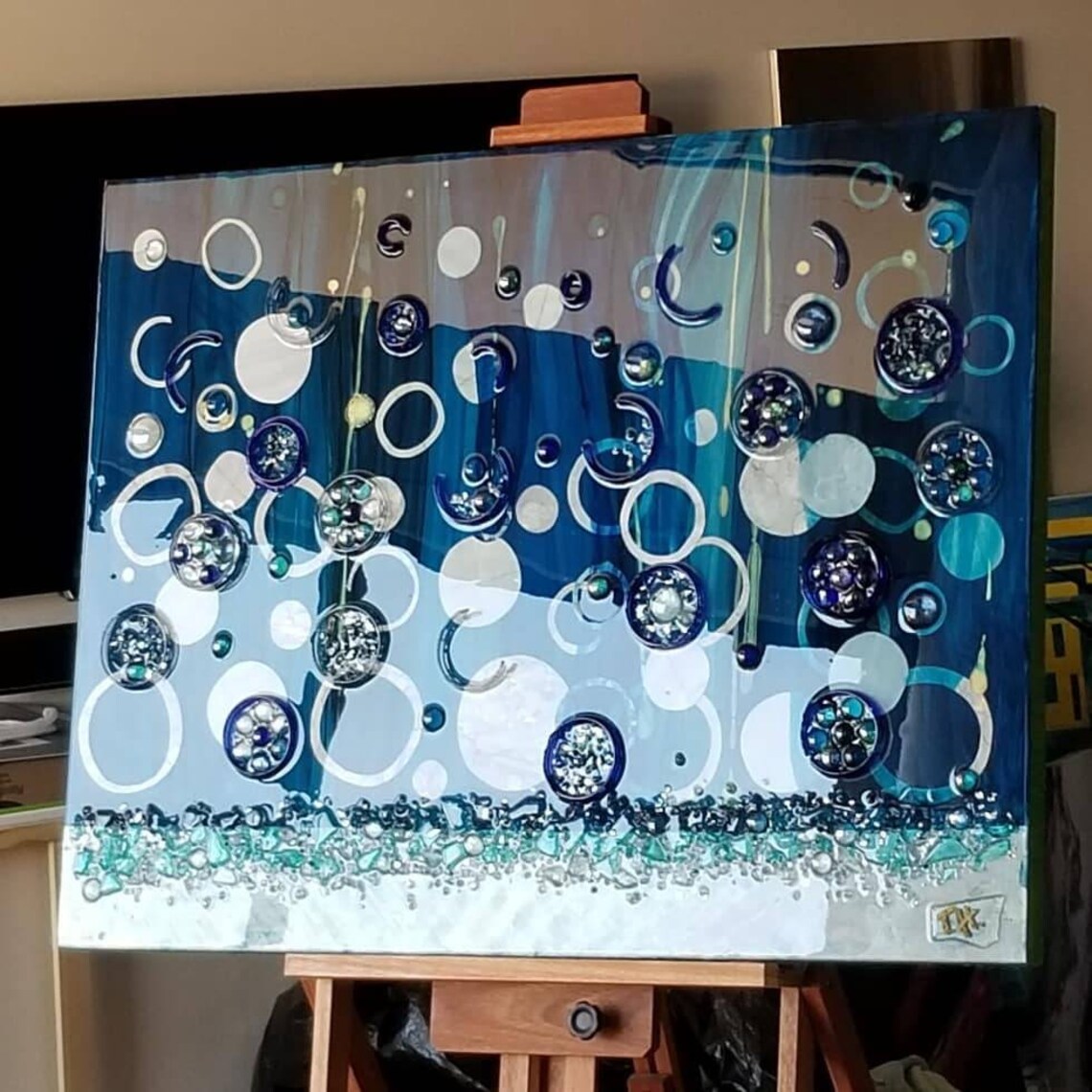 Abstract Collage Resin Art W Glass 40301.5 Wood Panel Blues, Silver ...