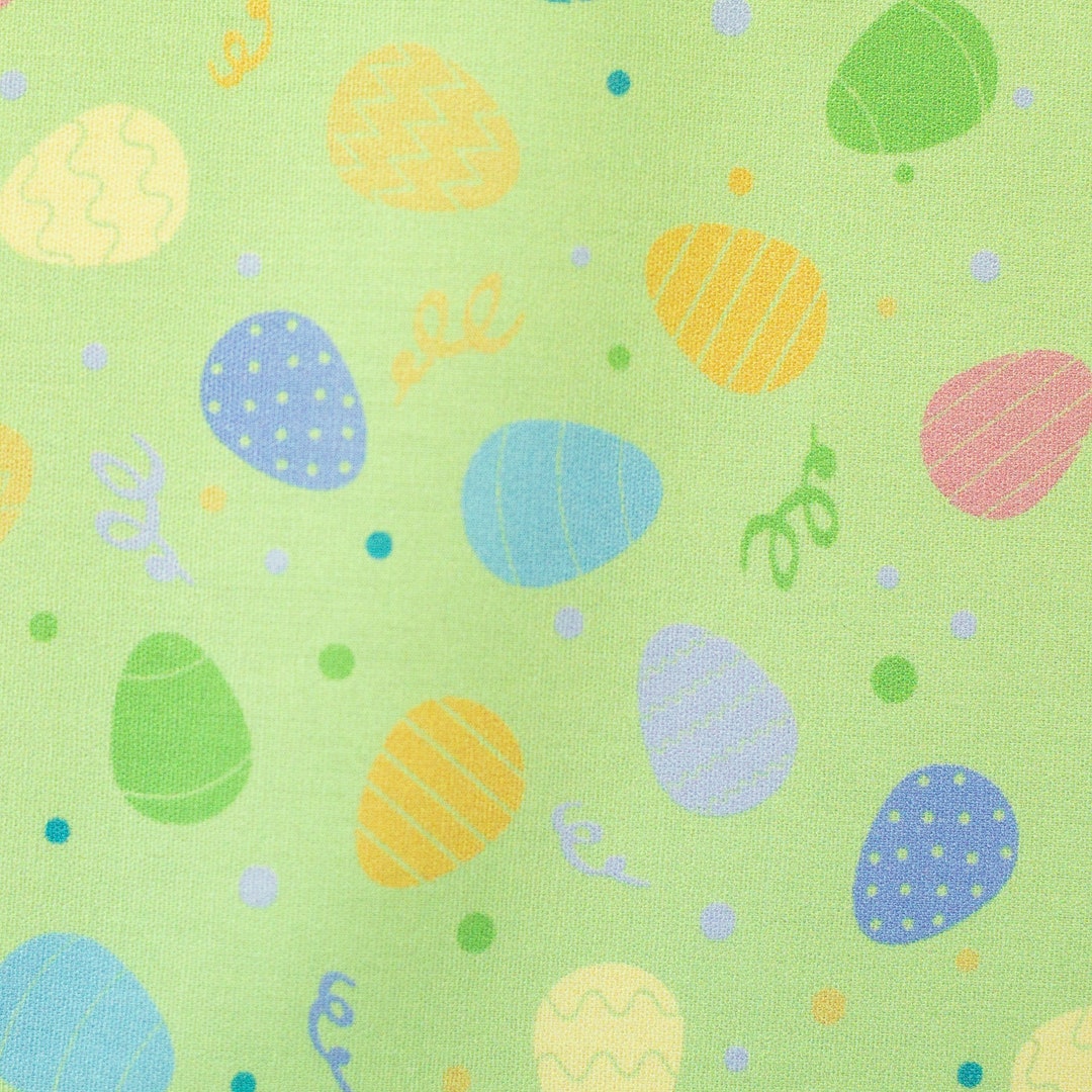Happy Easter, Cotton Woven Fabric, Easter Fabric, Colorful Eggs, Green ...