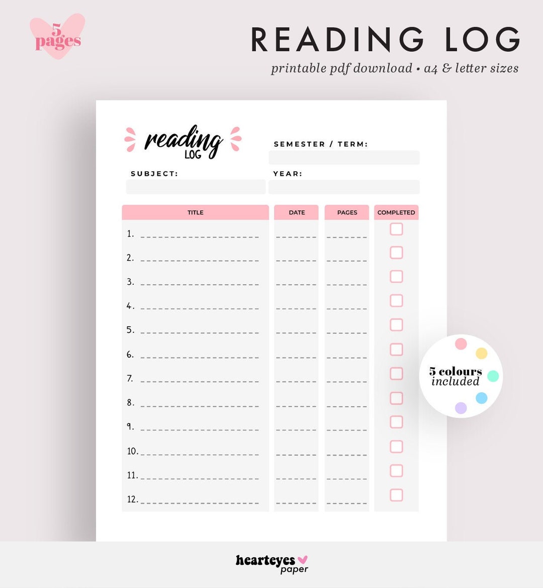 Reading Log Printable Planner Reading List Reading Journal - Etsy