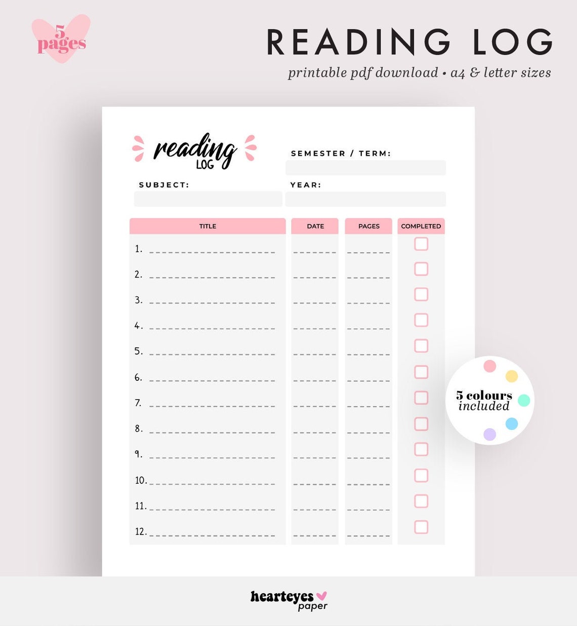 Reading Log Printable Planner Reading List Reading Journal | Etsy