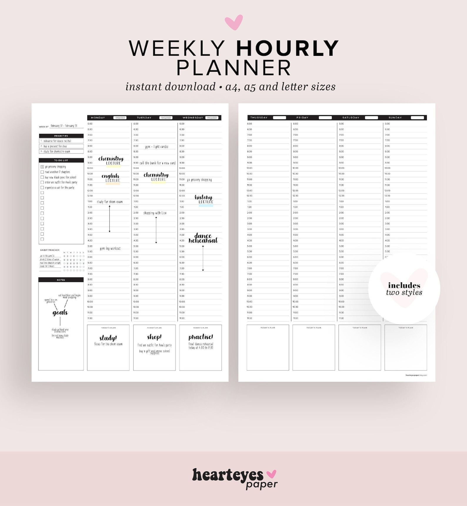Weekly Hourly Planner Printable, Weekly Schedule Printable, Daily ...
