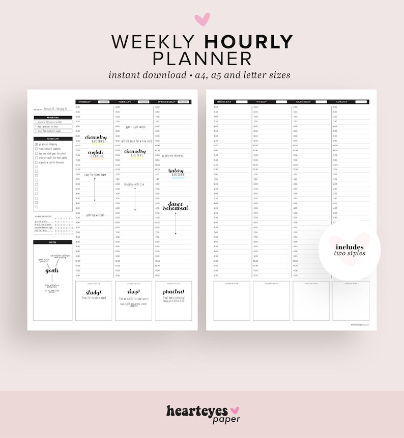 Weekly Hourly Planner Printable, Weekly Schedule Printable, Daily ...