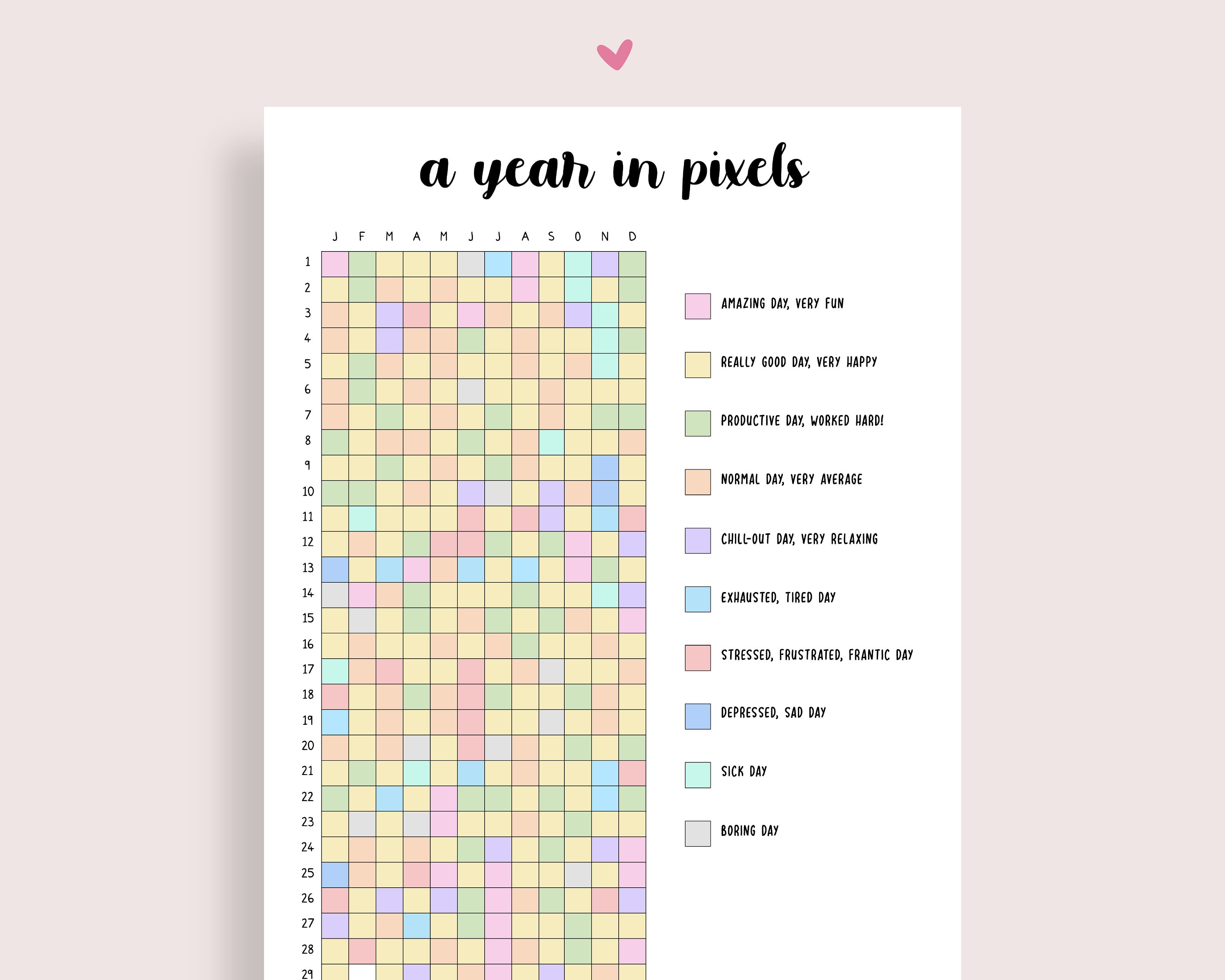 A Year in Pixels Printable, Mood Tracker, Bullet Planner Printable ...