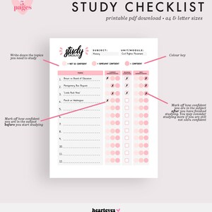 Study Checklist, Printable Planner, Study Tracker, Study List, Revision ...