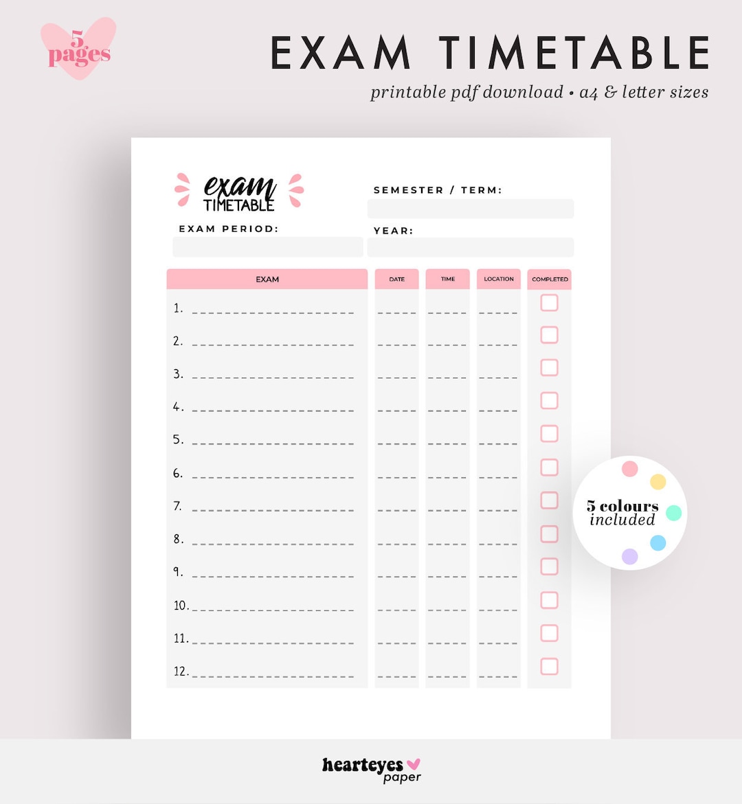 Exam Timetable Printable Planner Exam Schedule Exam - Etsy