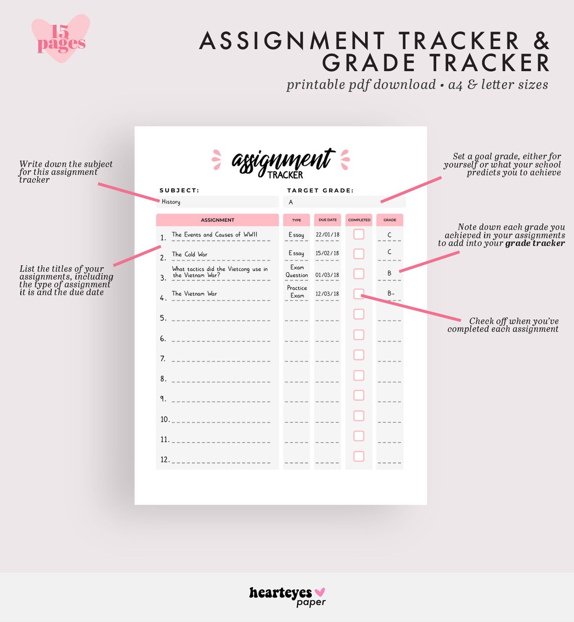 Assignment and Grade Tracker Printable Grade Tracker - Etsy