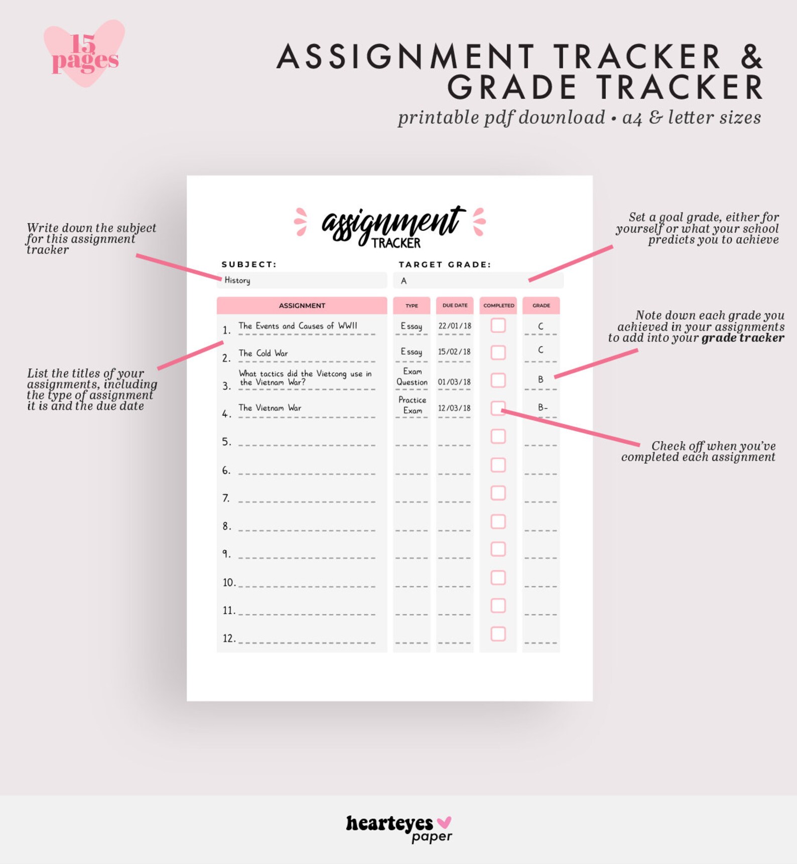 Assignment and Grade Tracker Printable Grade Tracker | Etsy