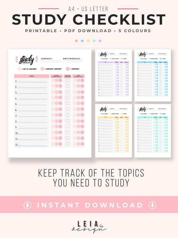 Study Checklist Printable Planner Study Tracker Study List | Etsy