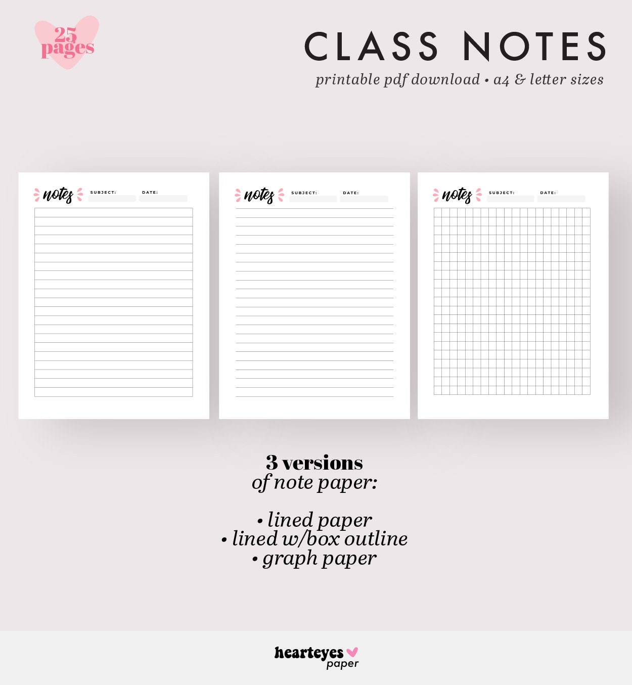 Class Notes Printable Note Pages Lined Paper Graph Paper | Etsy