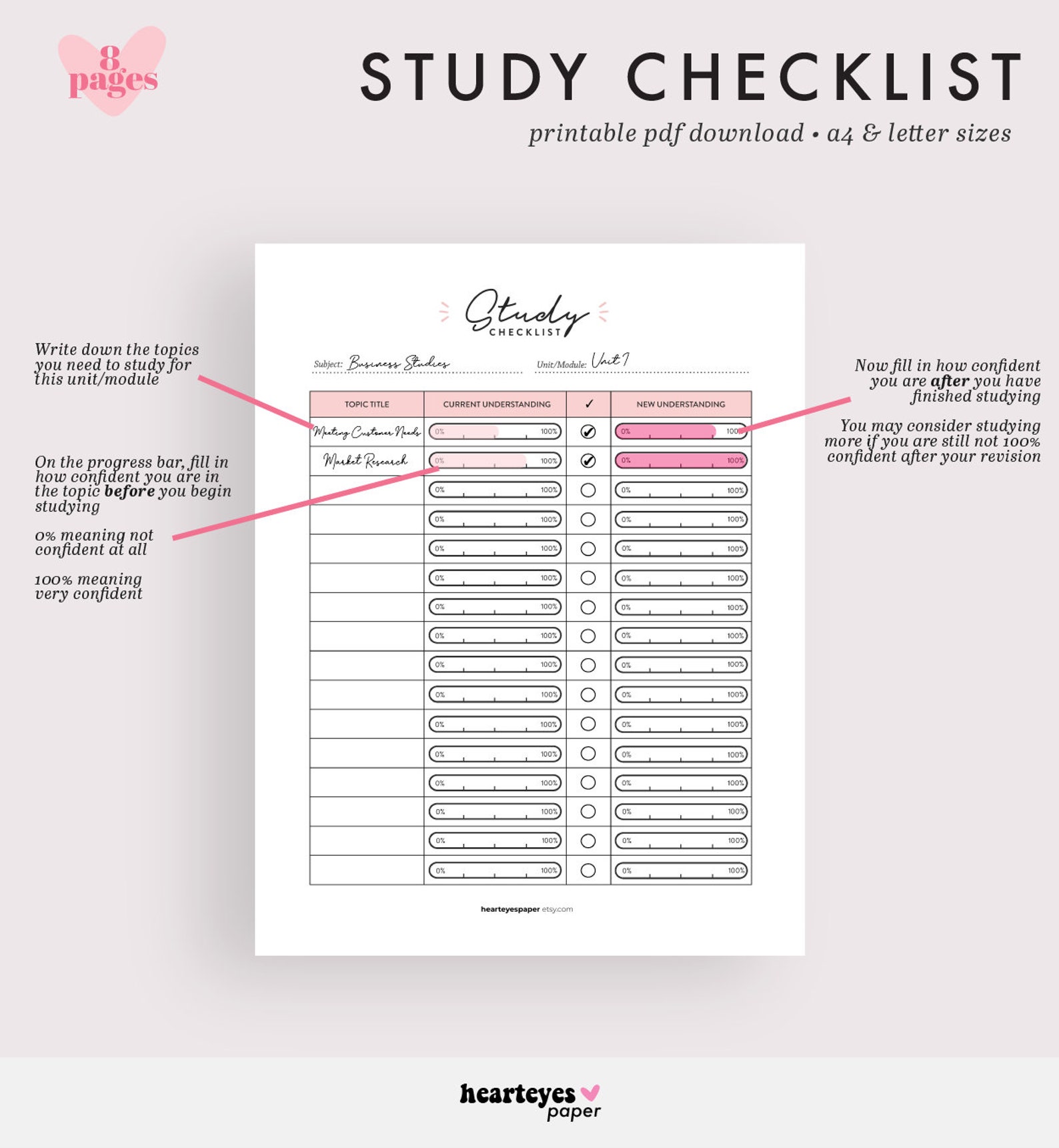 Study Checklist, Printable Planner, Study Tracker, Study List, Revision ...