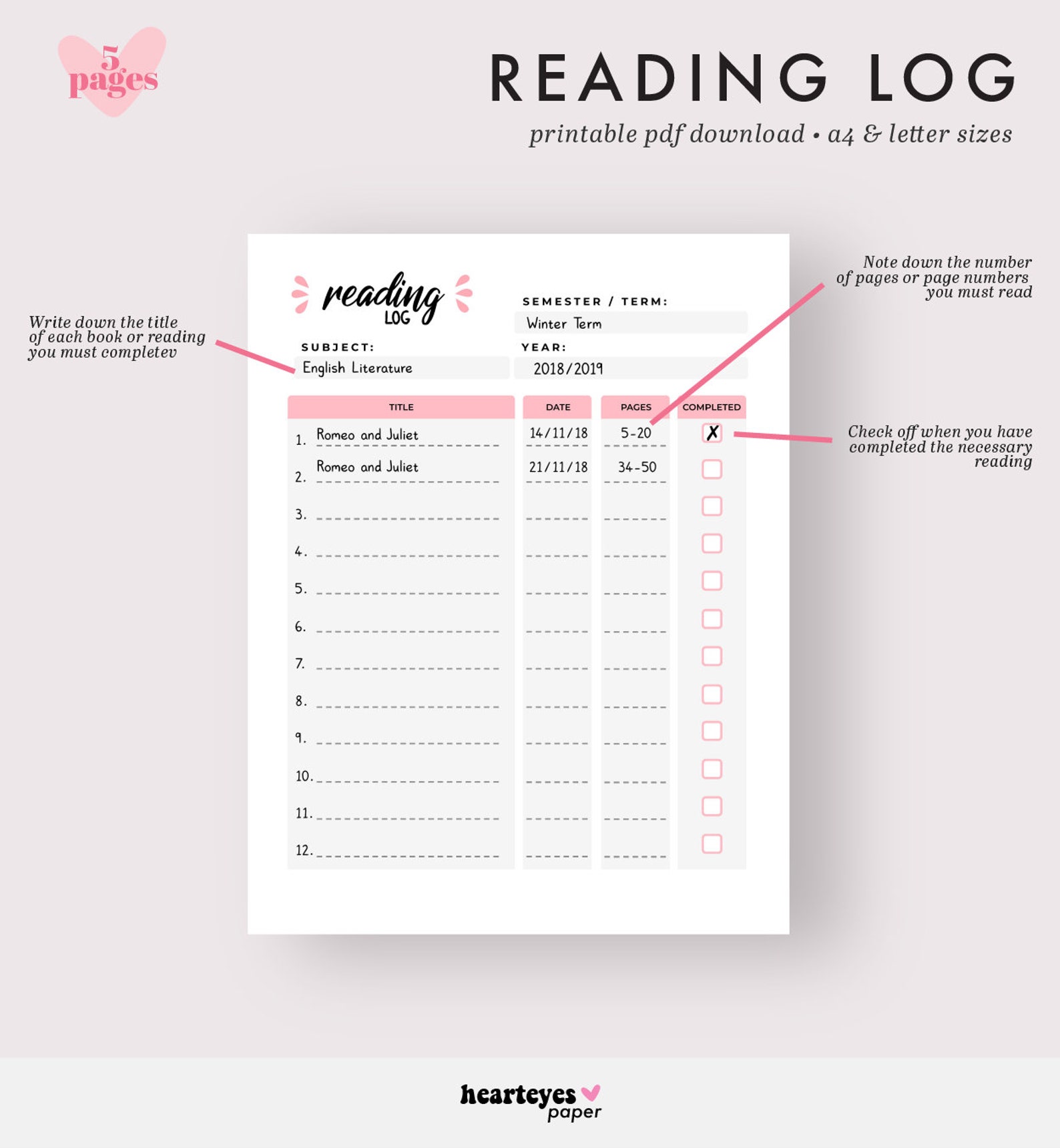 Reading Log, Printable Planner, Reading List, Reading Journal, Book Log ...