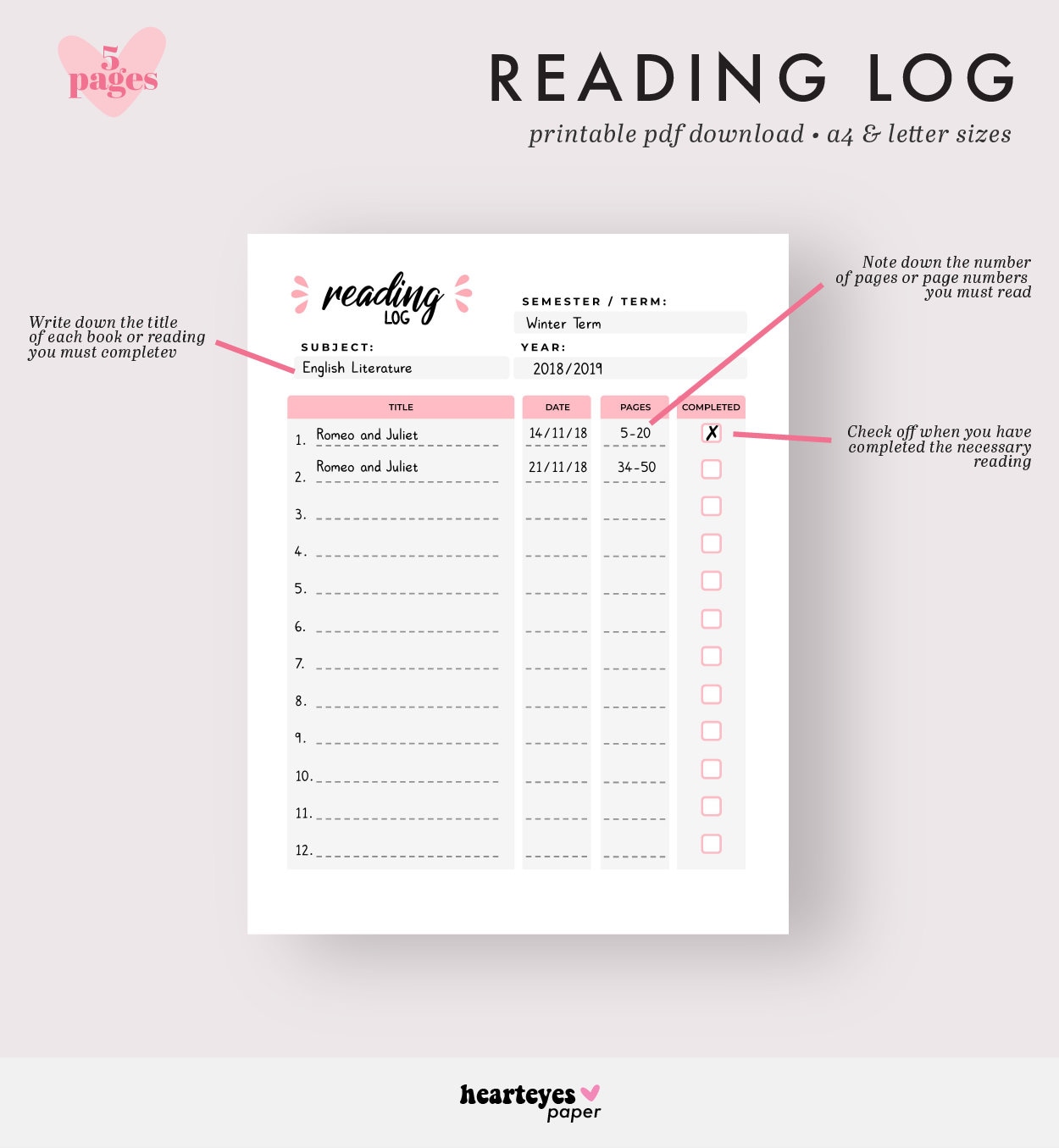 Reading Log, Printable Planner, Reading List, Reading Journal, Book Log ...