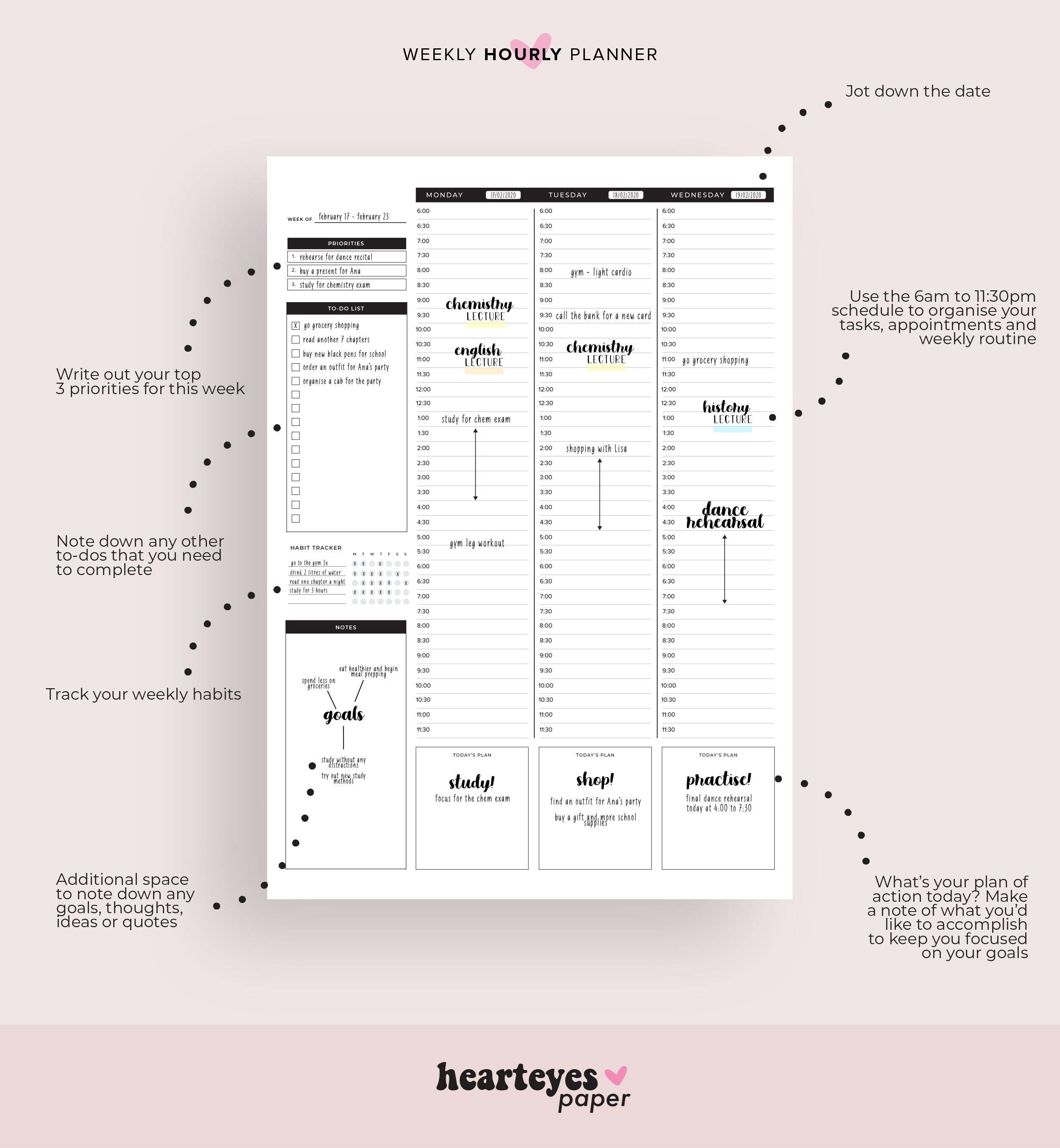 Weekly Hourly Planner Printable Weekly Schedule Printable | Etsy