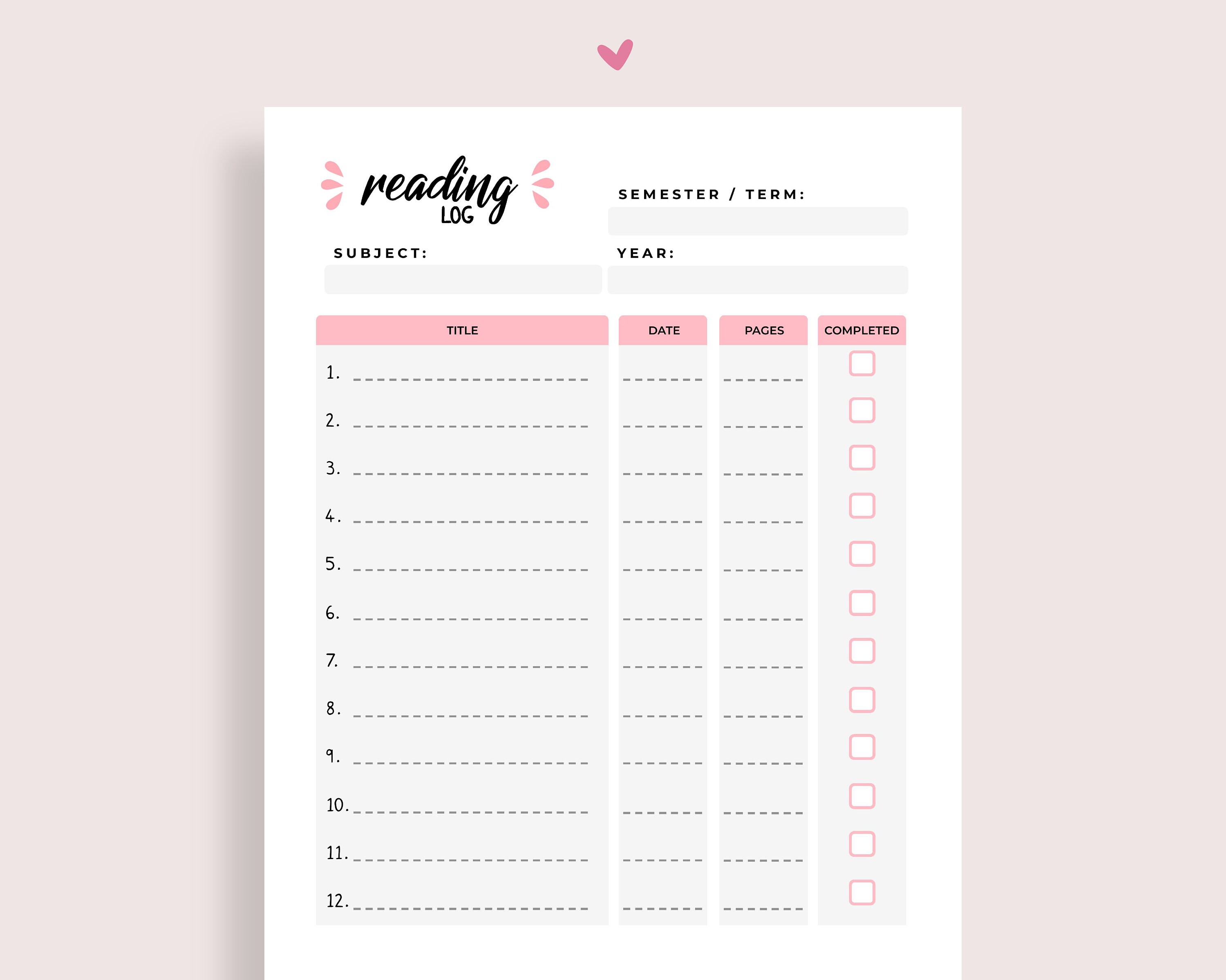 Reading Log, Printable Planner, Reading List, Reading Journal, Book Log ...