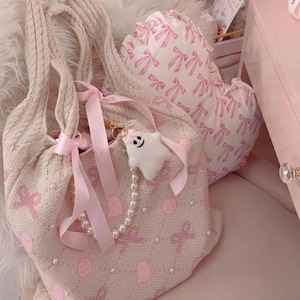 Pink Bow Crochet Shoulder Tote Bag - Etsy