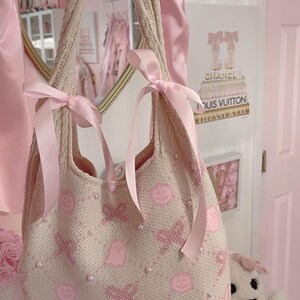 Pink Bow Crochet Shoulder Tote Bag - Etsy