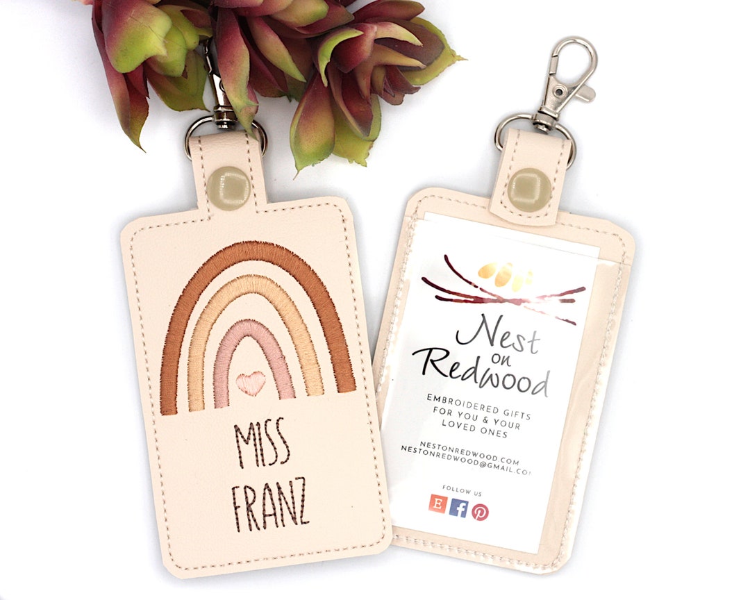 Custom Neutral Rainbow Badge Holder, Personalized Boho Brown Rainbow ...