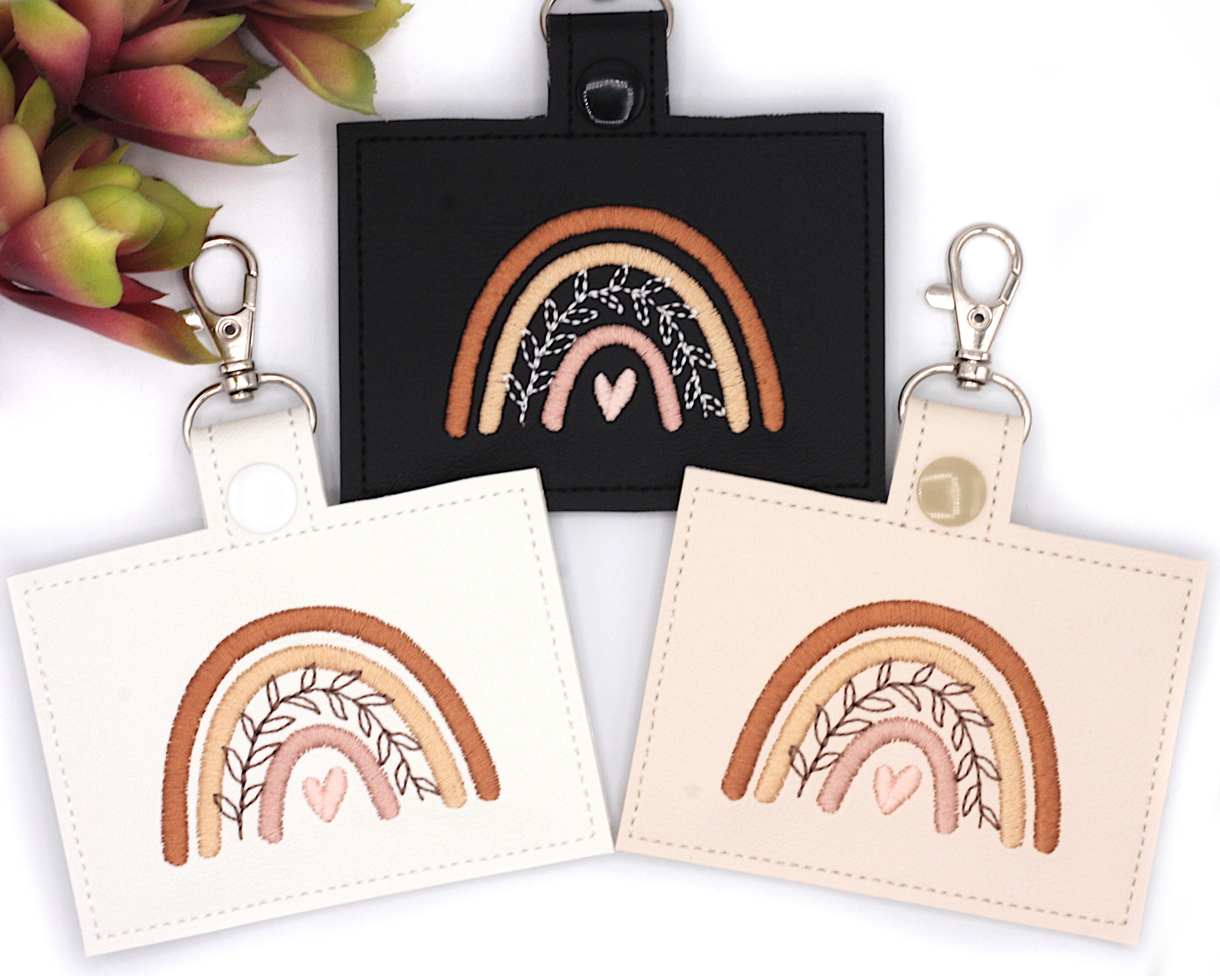 Neutral Boho Rainbow Badge Holder, Brown Rainbow With Leaves Horizontal ...