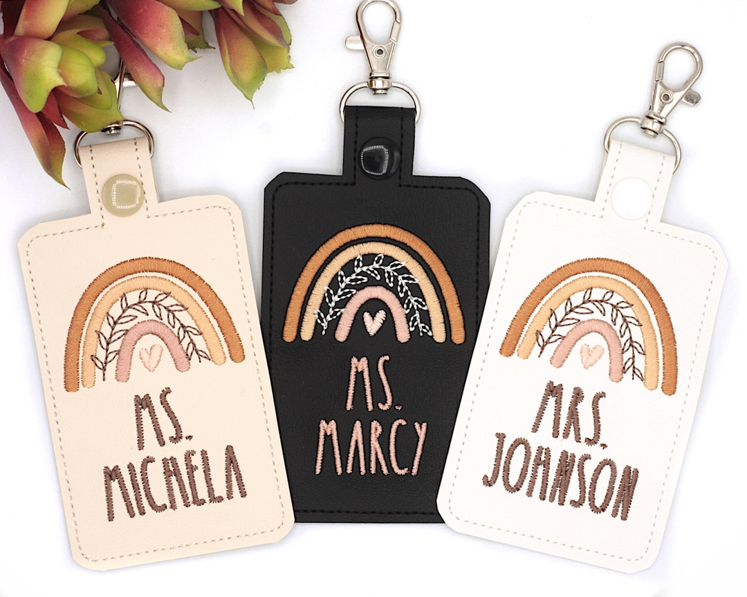 Neutral Rainbow Badge Holder, Personalized Brown Boho Rainbow With ...