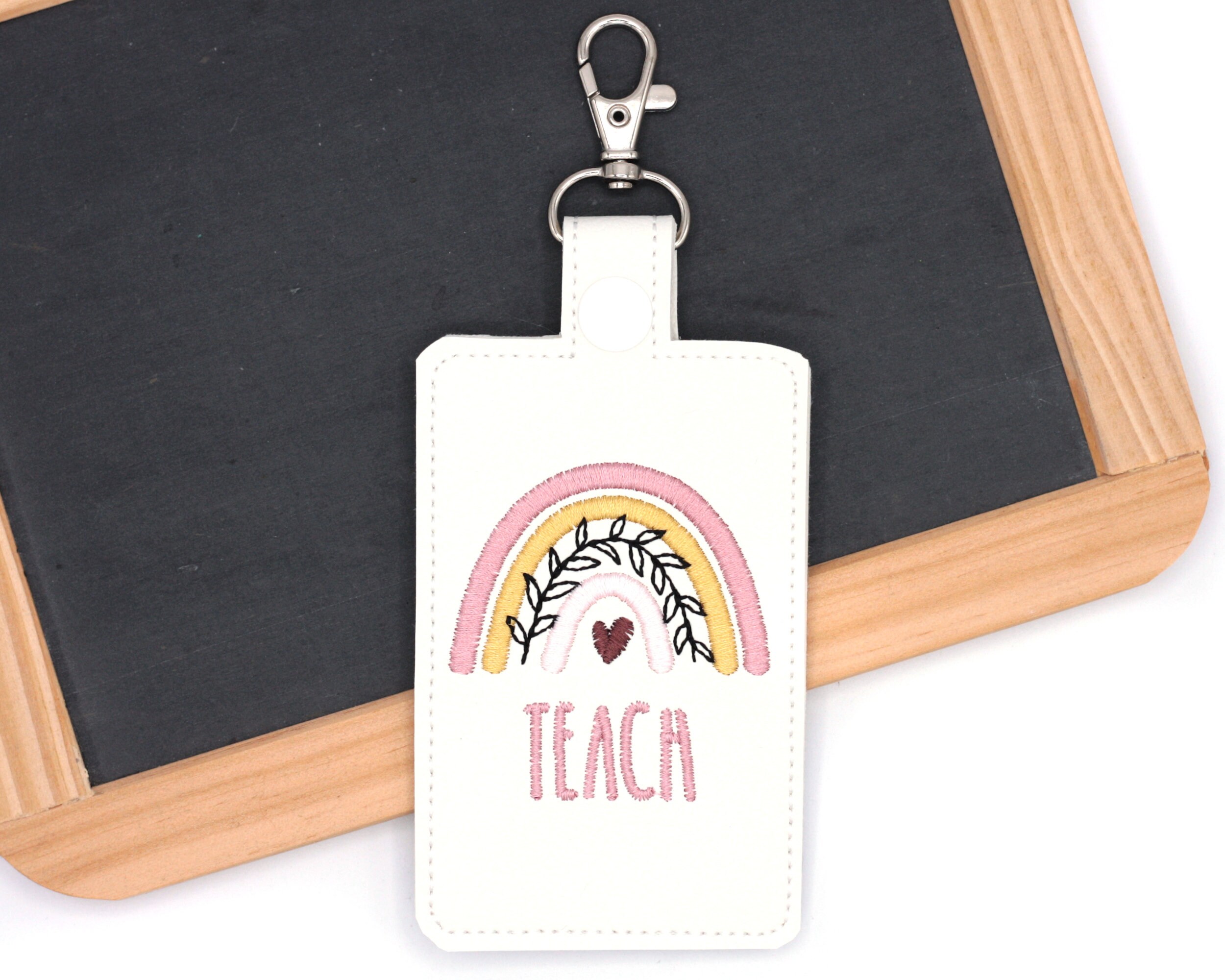 Boho Rainbow Teach With Leaves Badge Holder, Mauve & Gold Vertical ID ...