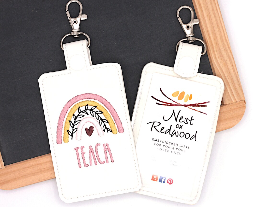 Boho Rainbow Teach With Leaves Badge Holder, Mauve & Gold Vertical ID ...