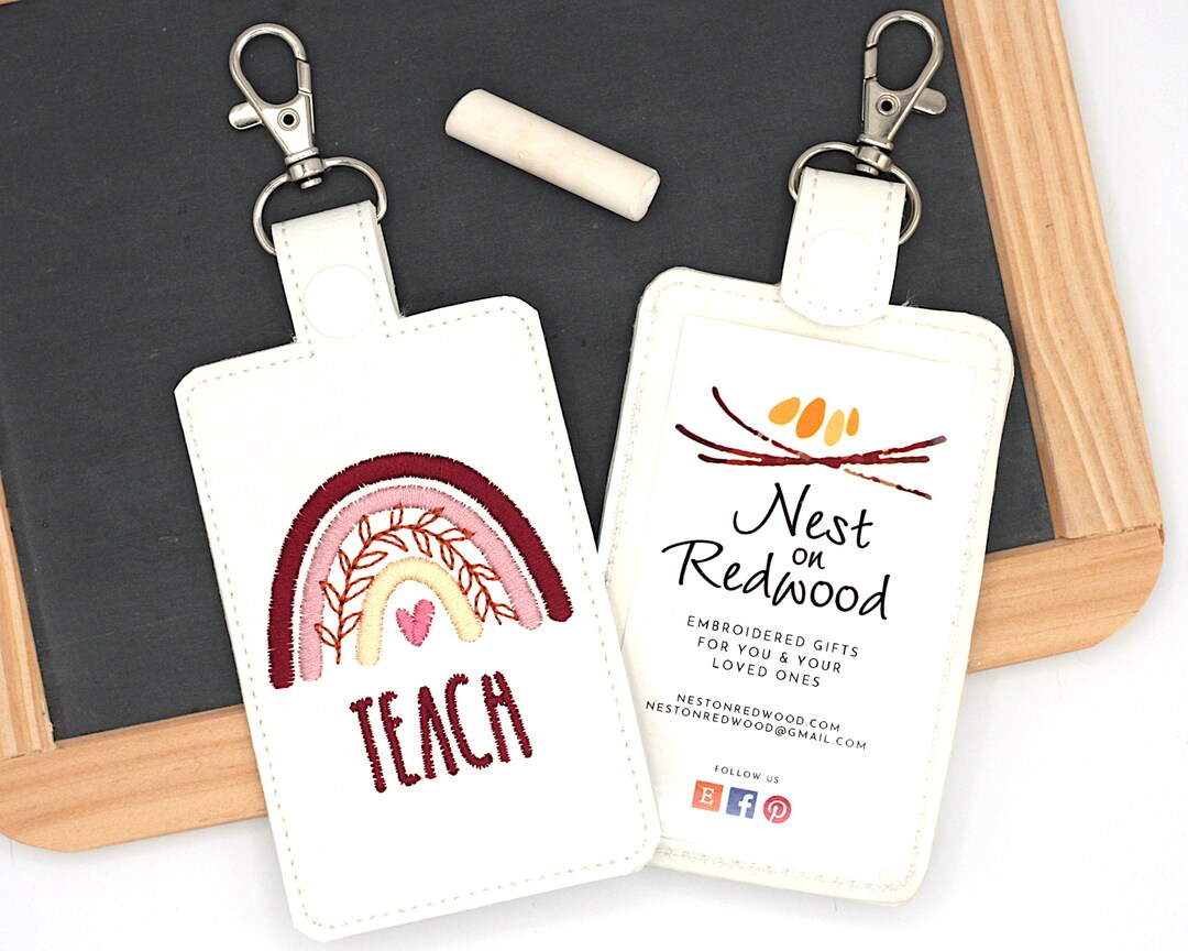 Boho Rainbow Teach With Leaves Badge Holder Red, Vertical ID Card ...