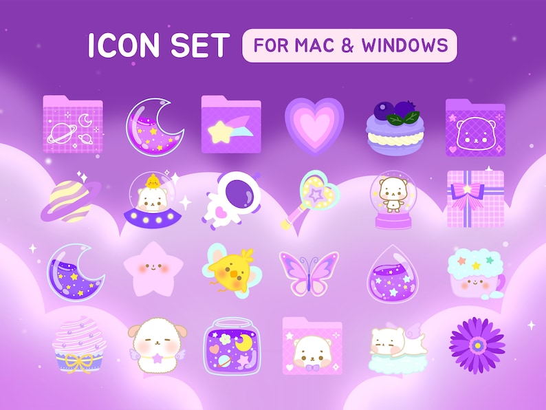 Purple Cute Desktop Wallpaper Icon Bundle Kawaii Phone Wallpaper Pastel ...