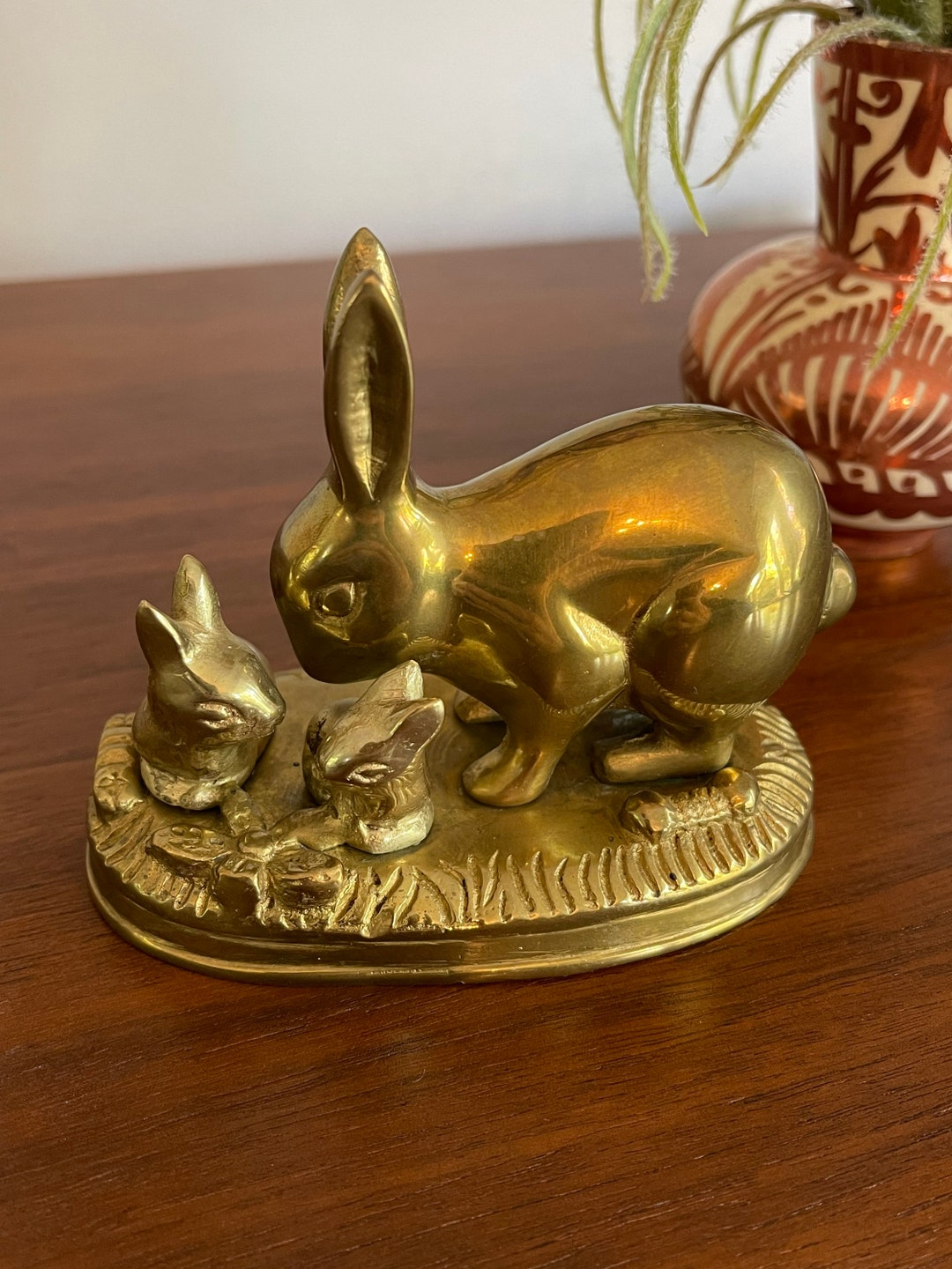 Vintage Rare Brass Rabbits Easter Bunny Rabbit Statue Brass Rabbit Mother and Babies Nursey ...
