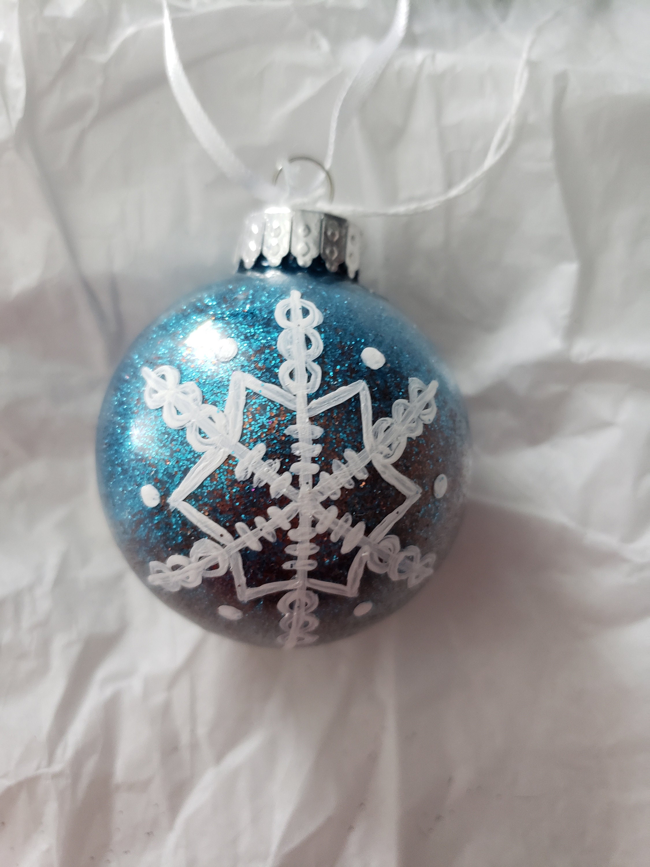 Light Blue Hand-painted Glitter Snowflake Glass Holiday Ornament ...