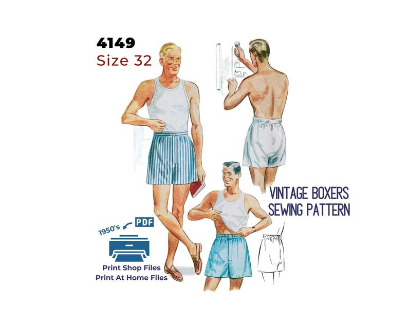 Mens Boxer Brief Sewing Pattern: Vintage 1950s Style (PDF Pattern, Size ...