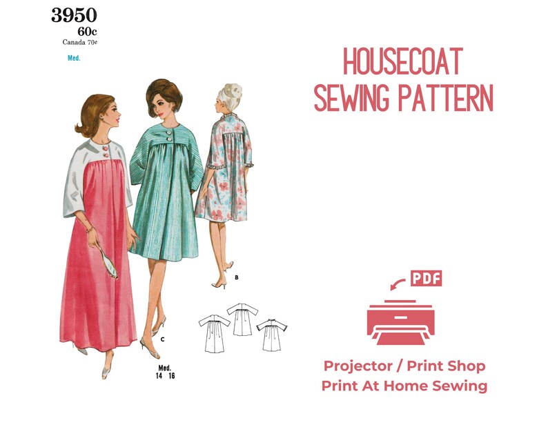 Housecoat Robe Nightgown Sewing Pattern Digital Download PDF Projector Sewing B #3950 Easy to ...