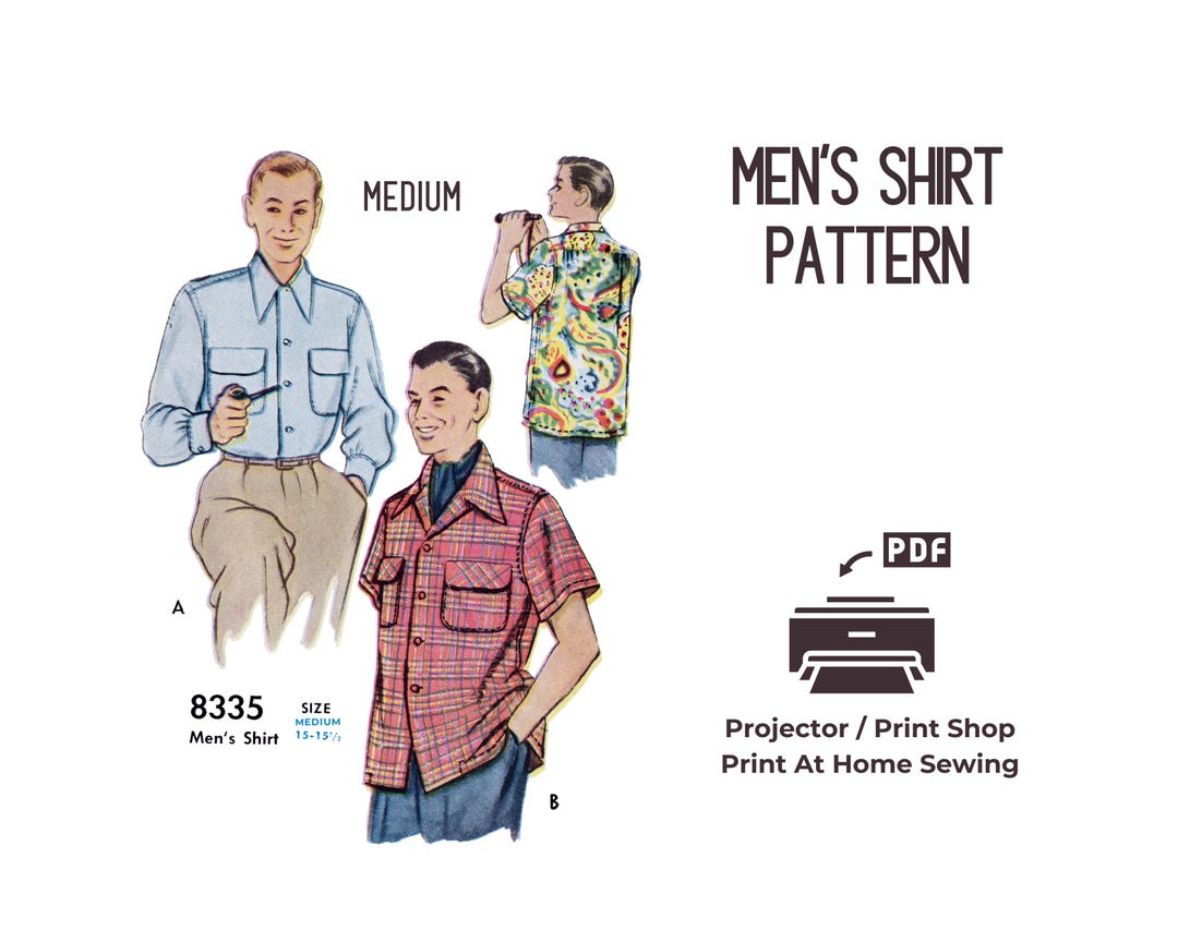 1950s Men's Buttoned Shirt Sewing Pattern - Size Medium (PDF Pattern ...