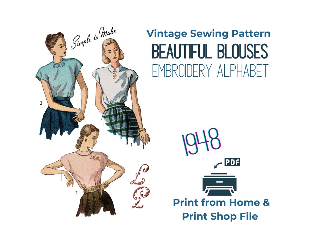 Vintage 1940s Blouse Sewing Pattern: Hand Embroidery Alphabet (PDF ...