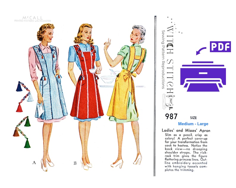 Vintage Apron Sewing Pattern Printable PDF - M #987 - Etsy