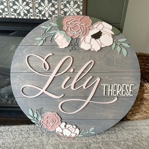 Custom Wood Baby Name Sign | Round Sign | Floral | Shiplap | Peony ...