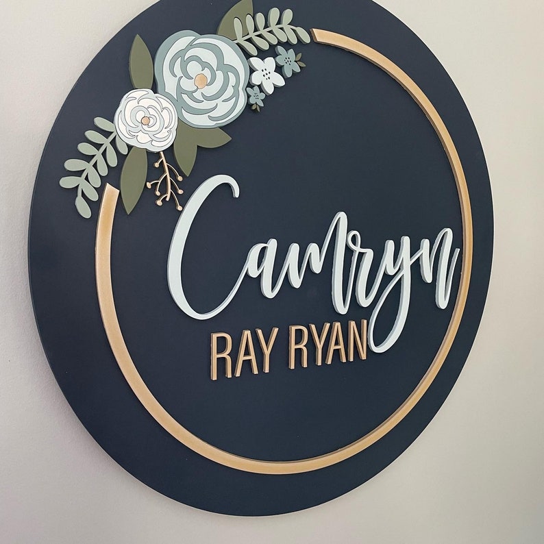Round Name Sign Floral Shiplap Baby Name Sign for Nursery | Etsy