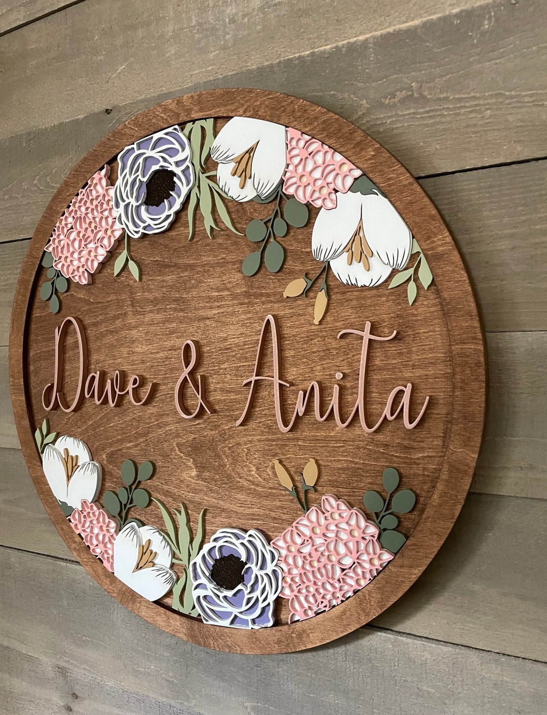 Botanical Floral Custom Wood Name Sign Baby Girl Round Sign Nursery ...