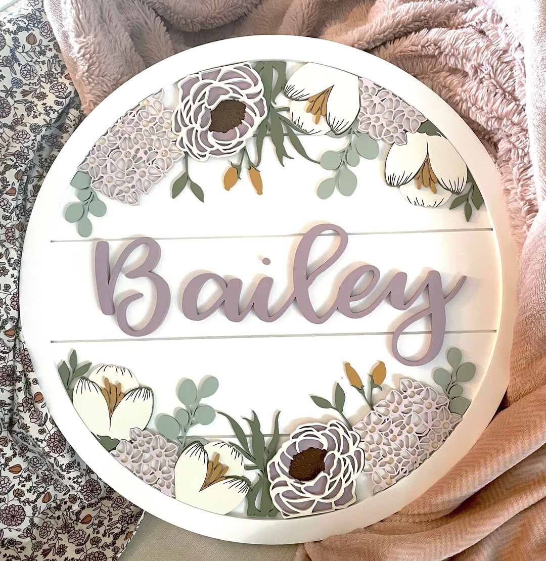 Botanical Floral Custom Wood Name Sign Baby Girl | Round Sign | Nursery ...