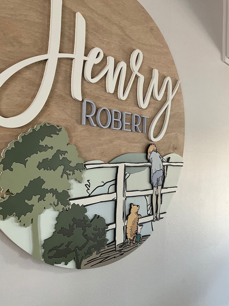 Winnie the Pooh Nursery Name Sign: 3D Wood Art, Pooh Sticks Bridge ...