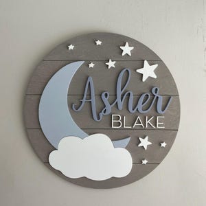 Custom Moon and Star Wooden Name Sign | Round Board | Stars Cloud and ...
