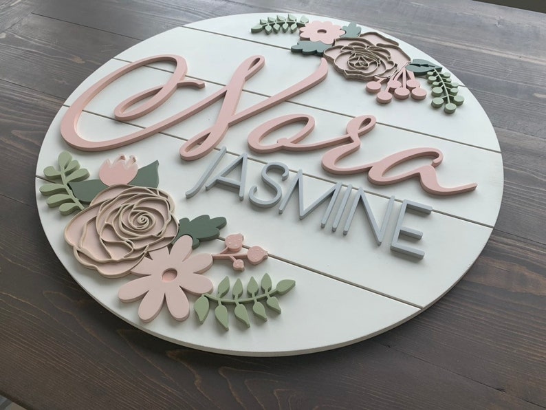 Round Floral Shiplap Baby Name Sign for Nursery or Shower | Etsy