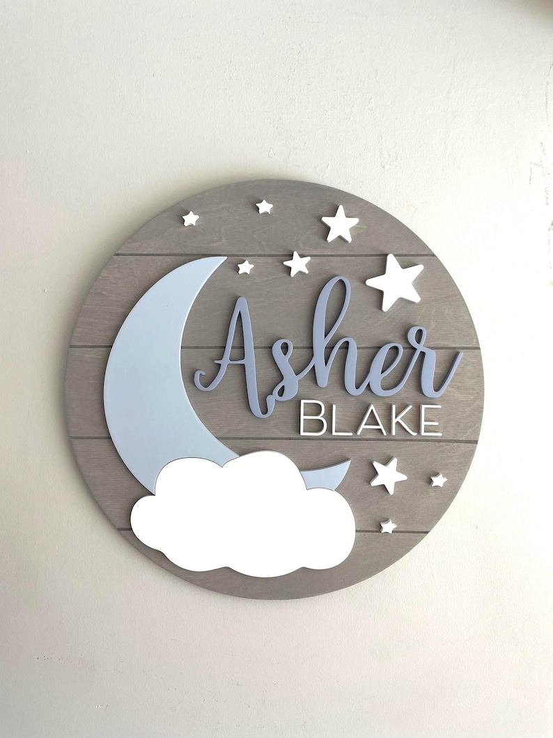 Moon, Cloud and Stars Nursery Name Sign: Baby Boy Wall Decor in Blue ...